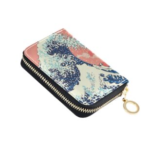 japanese great waves pink background credit card coin wallet, rfid blocking compact women leather card holder, key change organizer, zipper purse clutch pouch pocket