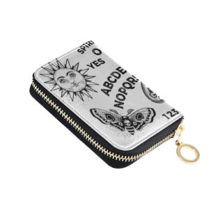 ouija board black white credit card coin wallet, rfid blocking compact women leather card holder, key change organizer, zipper purse clutch pouch pocket,4.7x3.1x0.8 inch