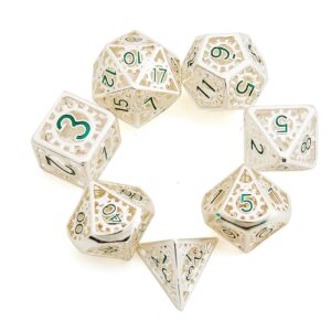 hollow metal dnd dice set of 7 uniquely designed polyhedral d&d dice set with gift metal box and numbers for dungeons & dragons rpg role playing and pathfinder dice games(white-2)