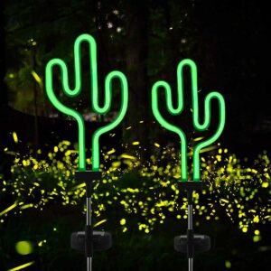 bannad solar garden stake lights outdoor pathway light for lawn patio yard walkway neon green cactus lighting, 2 pack