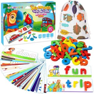 springflower see & spell matching letter game for preschool kindergarten kids,learning educational toy,toddler learning activities,cvc word builders for 3 4 5 6 years old boys and girls,80pcs