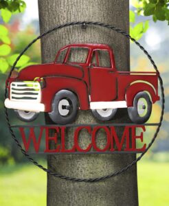 glitzhome 23.75" l welcome metal rustic red truck wall decor, welcome hanging sign decoration for home outdoor indoor