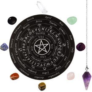 star pendulum board wooden dowsing board set include crystal dowsing pendulum necklace, 8 chakra stones, round pendulum board dowsing divination metaphysical message board for witchcraft supplies