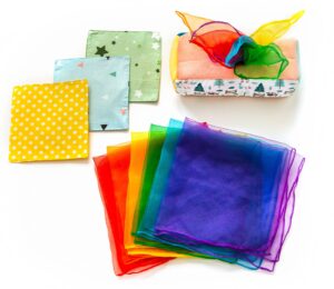 baby tissue box toy - montessori play for infants and toddlers - sensory textured box with 12pcs matching colorful scarves and 3pcs crinkle paper