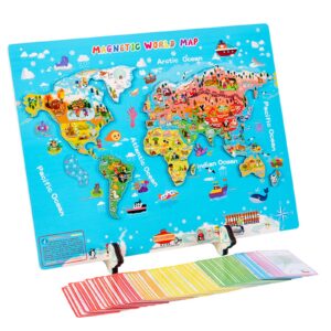 exbepe genuine magnetic wooden world map puzzle,92 country flash cards,national flags introduction,preschool learning education geography toy for kid ages 3+