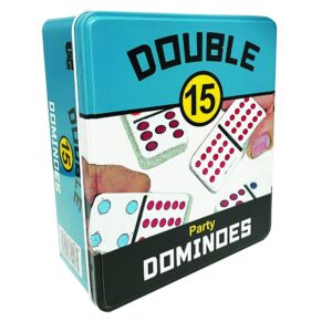 front porch classics, double 15 color dot dominoes set on-the-go travel storage tin, 2 to 12 players ages 8 to 99