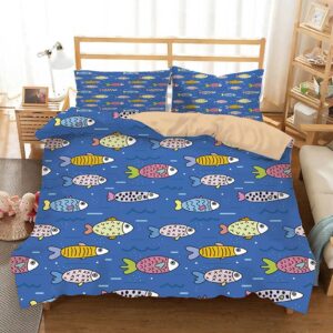 sea fish blue submarine bedding set,animals marine ocean lightweight bedding set for kids boys girls comforter cover 3pcs,zipper,queen size