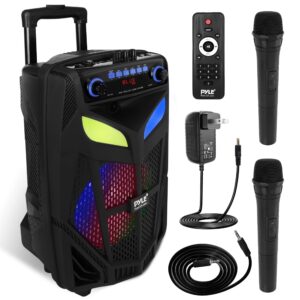 pyle portable bluetooth pa speaker system-600w 10” indoor/outdoor bt speaker-includes 2 wireless microphones, party lights, usb sd card reader, fm radio, rolling wheels-remote control pphp101wmb