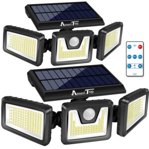 ameritop solar lights outdoor, 300 led 2200mah 7000k cordless led motion sensor flood light, 3 heads with 3 mode, ip65 waterproof, remote security led flood light(daylight) 2 pack