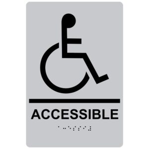 compliancesigns.com accessible sign, ada-compliant braille and raised letters, 9x6 in. silver acrylic plastic with adhesive mounting strips