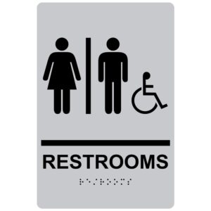 compliancesigns.com restrooms sign, ada-compliant braille and raised letters, 9x6 in. black on silver acrylic with adhesive mounting strips