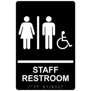 compliancesigns.com staff restroom sign, ada-compliant braille and raised letters, 9x6 inch white on black acrylic with adhesive mounting strips