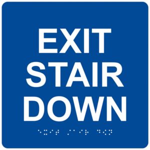 compliancesigns.com exit stair down sign, ada-compliant braille and raised letters, 6x6 in. white on blue acrylic with adhesive mounting strips