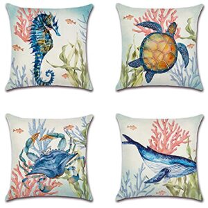 artscope set of 4 waterproof throw pillow covers 18x18 inches, marine life and pink coral pattern decorative cushion covers, perfect to outdoor patio garden living room sofa farmhouse decor