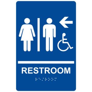 compliancesigns.com wheelchair accessible restroom left sign, ada-compliant braille and raised letters, 9x6 in. blue acrylic with mounting strips