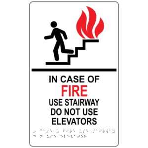 compliancesigns.com in case of fire use stairway sign, ada-compliant braille and raised letters, 13x8 in. black on white acrylic with mounting strips