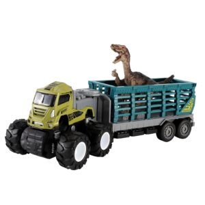 dinosaur transport truck 9.8 inch metal trailer belt 6.7 inch velociraptor for 3 4 5 6 7 year old boy toy