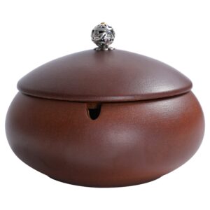 ceramic ashtray with lid for cigarette outdoor, windproof ash tray sets for weed, smokeless home ashtrays, outside ashtrays for cigarettes for patio, garden, balcony (brown)