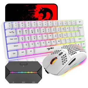 4 in 1 wireless gaming keyboard mouse and converter with rgb backlit mini 61key ergonomic honeycomb shell 2.4ghz usb receiver bluetooth wired adapter for ps4 ps3 xbox switch pc mac gamer typist(white)