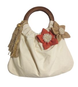 athizay top handle handbags handcrafted bow jute flower wooden handles potli bags for women artisan hand carry bags (off white, orange, brown)