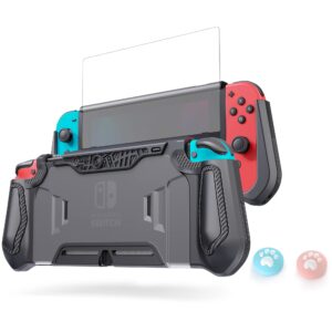 leyusmart protector for nintendso switch, slim heavy duty tpu cover, comfortable grip with hd tempered glass screen protector & 2 thumb caps black