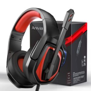 computer over-ear stereo surround sound headphones wired with microphone - mh602x noise-isolating 3.mm headsets gaming headset with microphone, volume control, bass for multi-platforms, black red