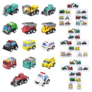 jerryvon 14 mini cars & 7 acrylic display boxes construction pull back vehicle toys for 3 4 5 year old toddlers boys kids trucks tractor bulldozer party favors supplies birthday gift