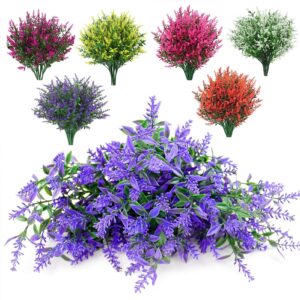 sayw artificial flowers 10 bundles artificial lavender fake flowers, lifelike uv resistant no fade faux plastic plants for indoor outdoor home office garden wedding decorations(purple)