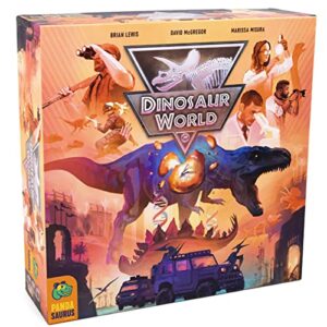 dinosaur world board game draft, build, and explore your dino park for victory! strategy game for kids and adults, ages 8+, 1-4 players, 60-120 minute playtime, made by pandasaurus games