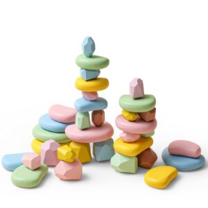 oessuf 34pcs stacking rocks balancing stacking stones wooden stacking toys wooden stone stacking game for toddler wood sorting montessori stacking rocks for kids