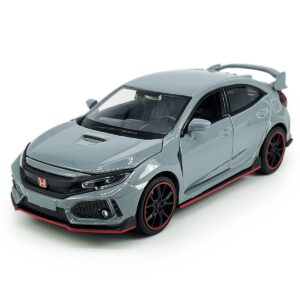 civic type r toy car hatchback sports diecast model car 1/32 scale metal pull back vehicles, doors open light sound, toys for boys kids birthday gifts mens collection, cement grey