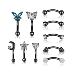 evispol 10pcs 16g rook piercing jewelry for women men, eyebrow rings curved barbell 316l stainless steel belly lip rings cz daith cartilage earrings tragus helix piercing jewelry-6mm-black