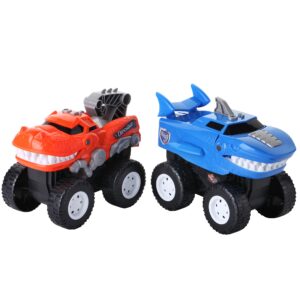 dinosaur monster trucks - 2 battery operated toddler truck car toys, lights & sounds - roaring t-rex, dinosaur shark kids toys for boys & girls