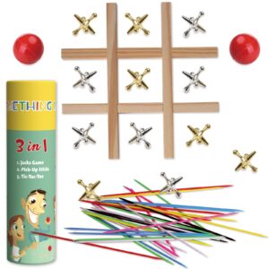 trimagic 3-in-1 family games for kids and adults - jacks game with ball, pick up sticks, wooden tic tac toe game- classic coffee table top decor, old fashioned toy gift for birthday christmas party