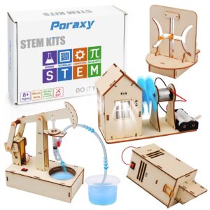 poraxy 4 set stem kits for kids ages 8-10, science experiment projects building kits, wooden 3d puzzles, educational building toys for ages 8-12-13, gifts for 8,9,10,11,12 13 year old boys and girls