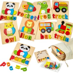 wooden puzzles for kids ages 3-5 by mathiso, set of 8 colorful toddler puzzles for kids with drawstring bag – preschool learning activities educational montessori toys for 3+ year old boys and girls