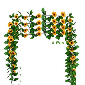 4pcs 33ft artificial sunflower green leaves vines, hanging sun flower garland fake foliage, plant leaves yellow flowers string vine for wedding table home birthday party kitchen garden decor (b)