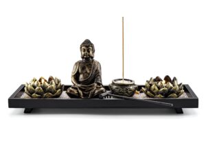 jovivi zen garden set buddha statue 2 lotus tealight candle holders, mallet & rocks and crystals & incense burner stick holder bowl & wood tray for yoga meditaion home table decor gift