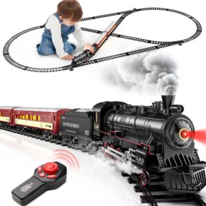 hot bee train set for boys, alloy remote control train sets with steam locomotive, light up cars and tracks, electric trains set toys for toddler kids, christmas toys gifts for 3 4 5 6 7 8+ year old