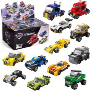 fun little toys 12 boxes race car mini building blocks party favors for kids 8-12, car building kit prize box toys for kids classroom