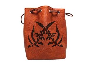 large brown leather lite dice bag – self standing and holds over 400 polyhedral dice with drawstring tie – multiple designs available (raven)