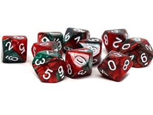 ten count pack of d10 dice - matching collection of 10 sided plastic polyhedral dice (green and red swirl)