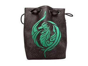 large black leather lite dice bag – self standing and holds over 400 polyhedral dice with drawstring tie – multiple designs available (dragon's breath)