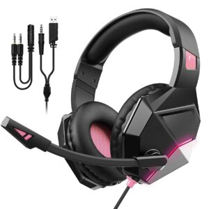 mw acc ca gaming headset pink for ps4, ps5, pc, xbox one, over ear headphones with noise cancelling mic, pc headset with bass surround sound, led light, for laptop mac switch, girls, kids