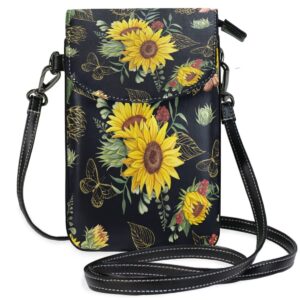 mnsruu leather crossbody bag gold butterflies and sunflower cell phone pouch wallet with credit card slots small shoulder bag with strap for women