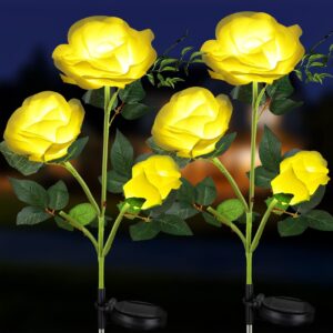 jjgoo 2 pack solar garden lights, waterproof rose flowers stake for outdoor patio decorative - yellow