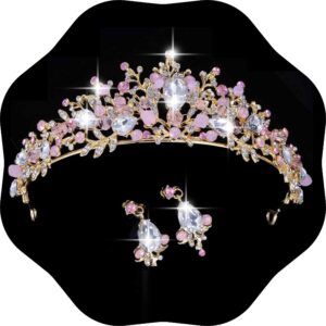 kamirola wedding crown bridal tiaras with earrings pink purple headband for women and girls (pink) …