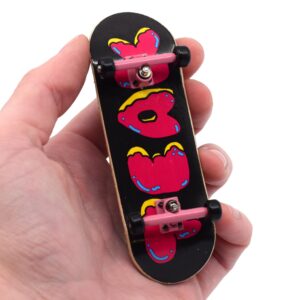 teak tuning 32mm pro fingerboard heat transfer graphic complete - fully assembled with pro level parts - pro shaped wood deck (34x97mm), ultraspin wheels, prodigy trucks - donut teak logo