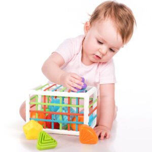 tiyol shape sorter one year old toys, developmental montessori learning, storage cube bin & 6 sensory shape blocks, fine motor skills, birthday gifts toddler boy girl age 1 2 3 (+6 ocean balls)