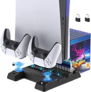 tobo cooling stand for ps5 dual controller charging stand charging dock vertical stand for ps5 playstation5 digital edition/ultra hd disc edition with 11pcs game rack organizer td-385ga